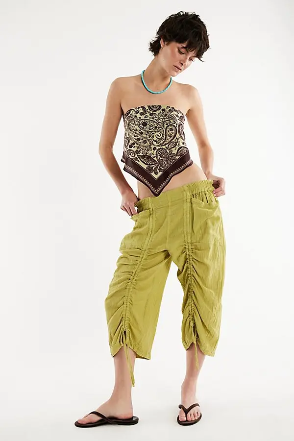 Free People Gianna Ruched Gaucho Pull-On Pants In Linden Green